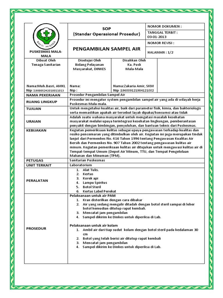 Sop Pengambilan Sampel Air | PDF