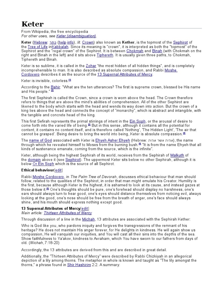 The Nature and Attributes of Keter, the Highest Sephirah of the ...