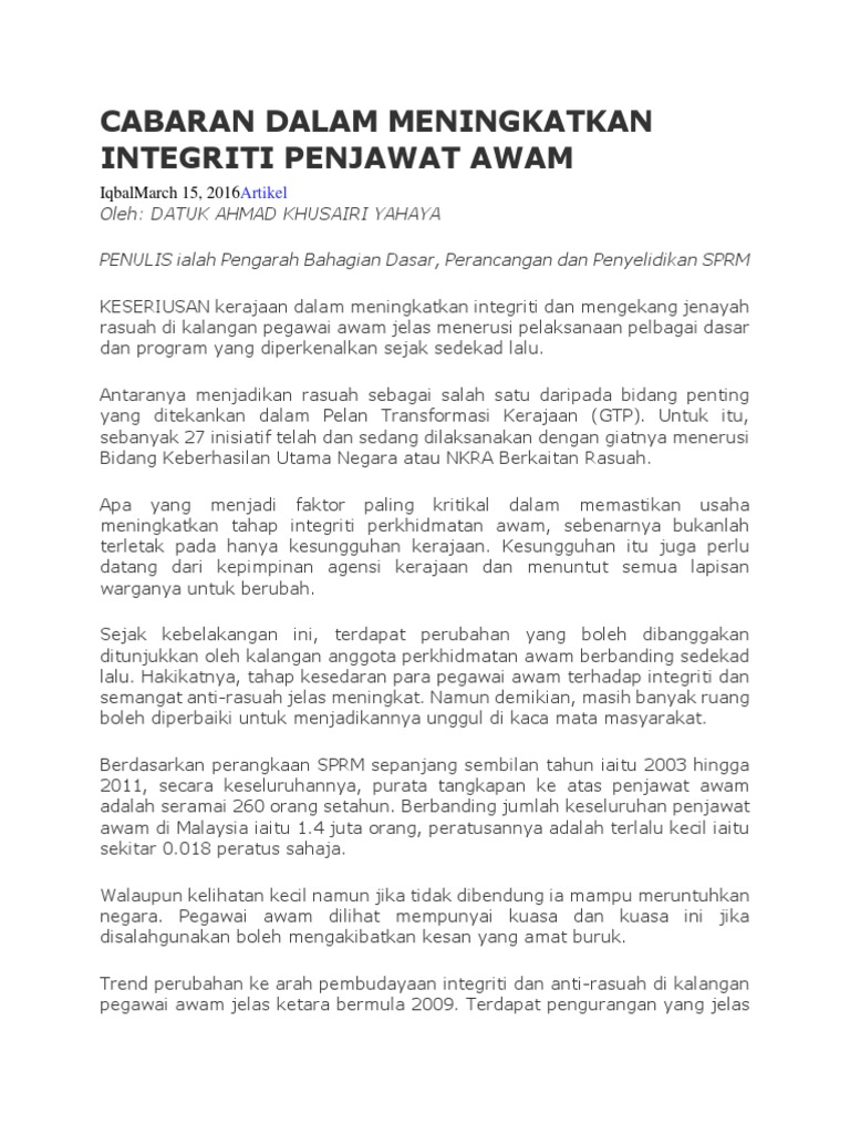 Cabaran Dalam Meningkatkan Integriti Penjawat Awam | PDF