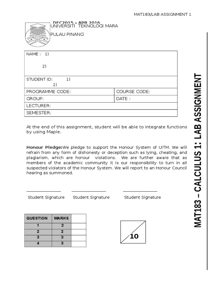 MAT183 Calculus 1 Lab Assignment 1 | PDF