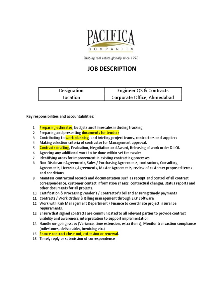 Job Description: Designation Engineer QS & Contracts Location Corporate ...
