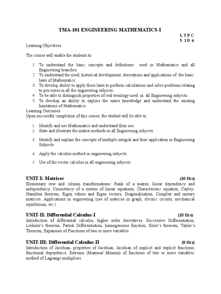 Tma-101 Engineering Mathematics-I: LTPC 3 1 0 4 | PDF | Matrix ...