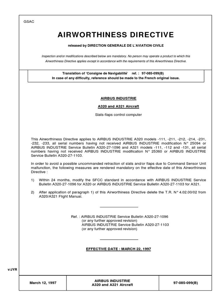 Airworthiness Directive: Airbus Industrie A320 and A321 Aircraft | PDF ...