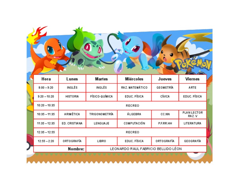 Horario Escolar Pokemon Go Editable | PDF
