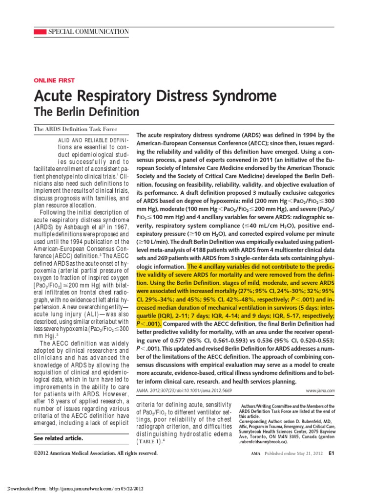 2012 Acute Respiratory Distress Syndrome The Berlin Definition | PDF ...