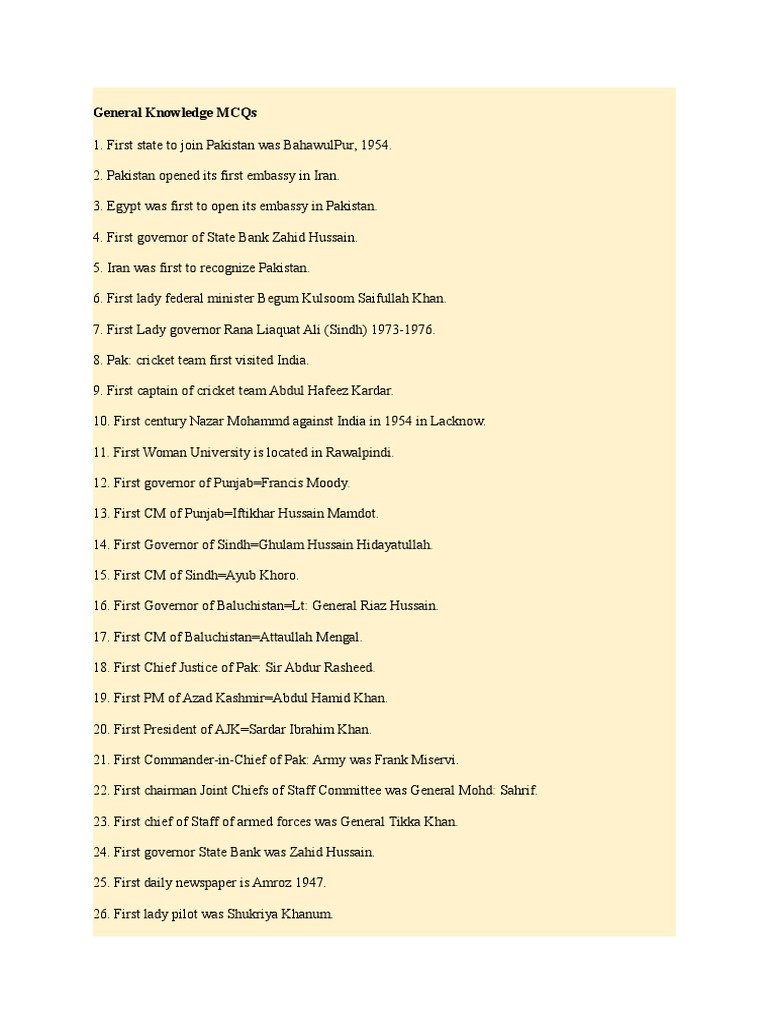 General Knowledge Mcqs | PDF | Karachi | Pakistan