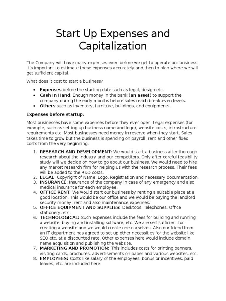 Start Up Expenses and Capitalization | PDF | Expense | Insurance