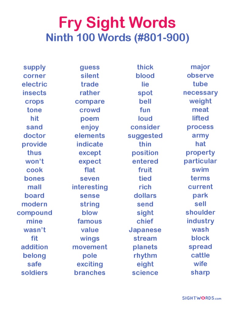 Fry Sight Words: Ninth 100 List | PDF