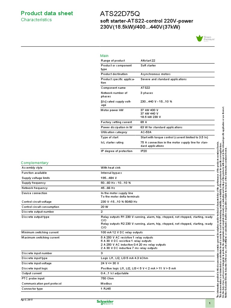 ATS22 Soft Starter Product Sheet | PDF | Mains Electricity | Relay