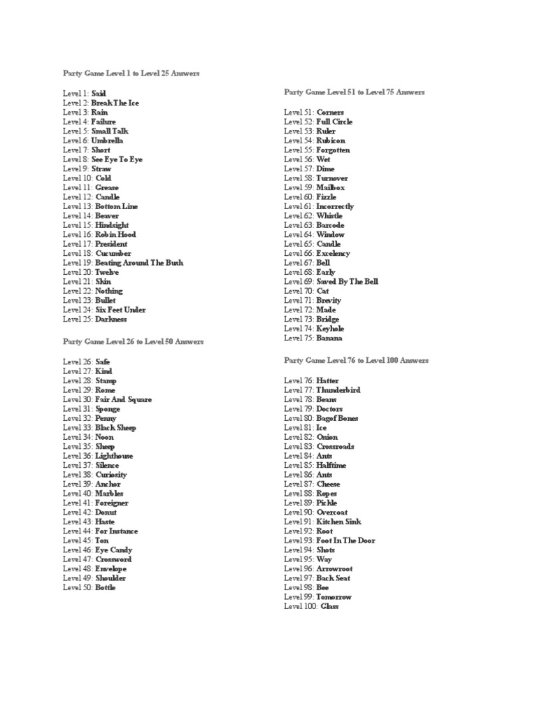Party Game Level 1 To Level 25 Answers Party Game Level 51 To Level 75 ...