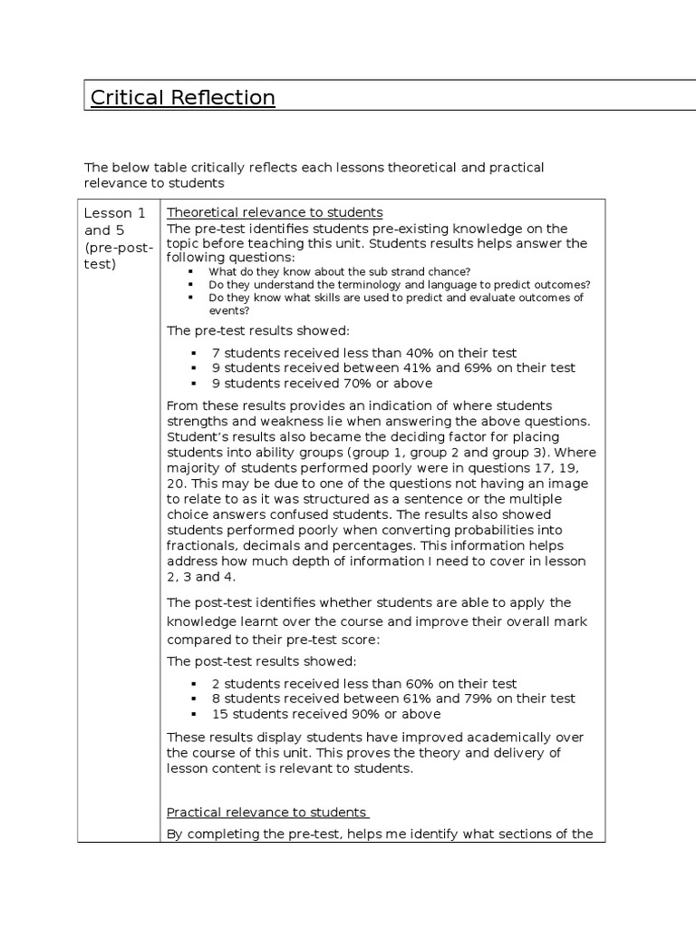 Critical Reflection: Lesson 1 and 5 (Pre-Post-Test) | PDF | Educational ...
