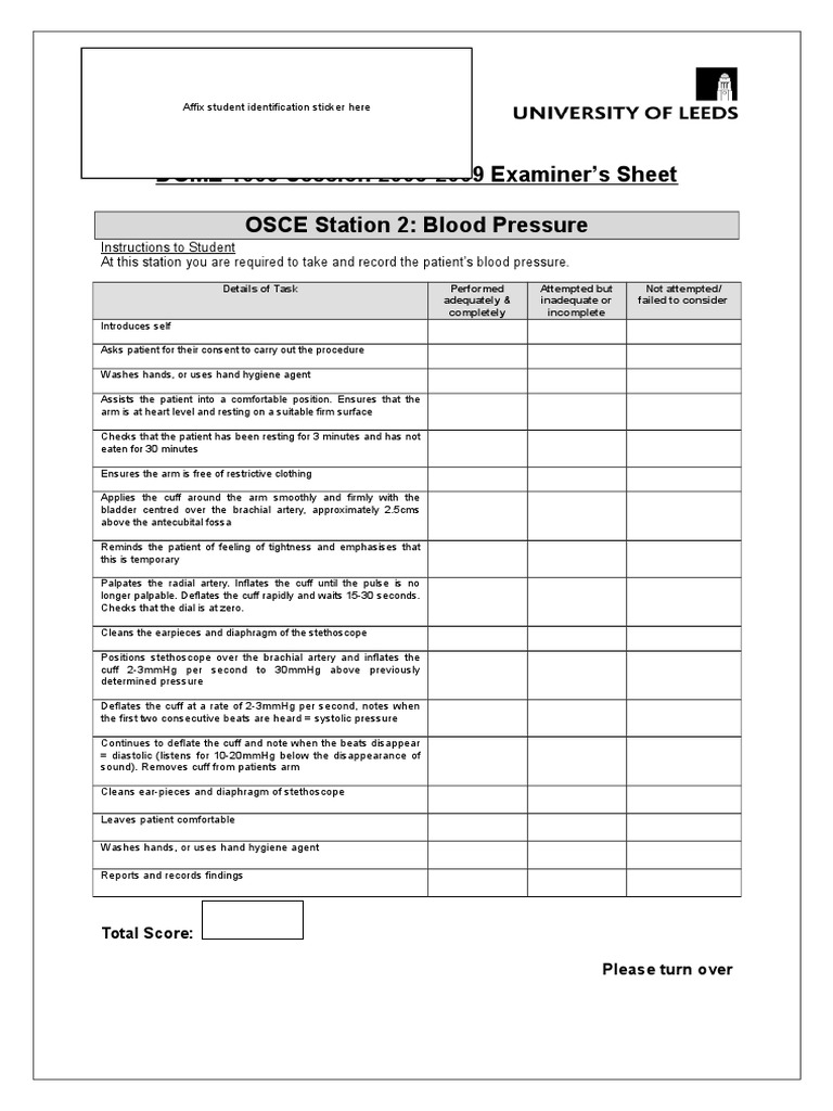 DOME 1005 Session 2008-2009 Examiner's Sheet OSCE Station 2: Blood ...