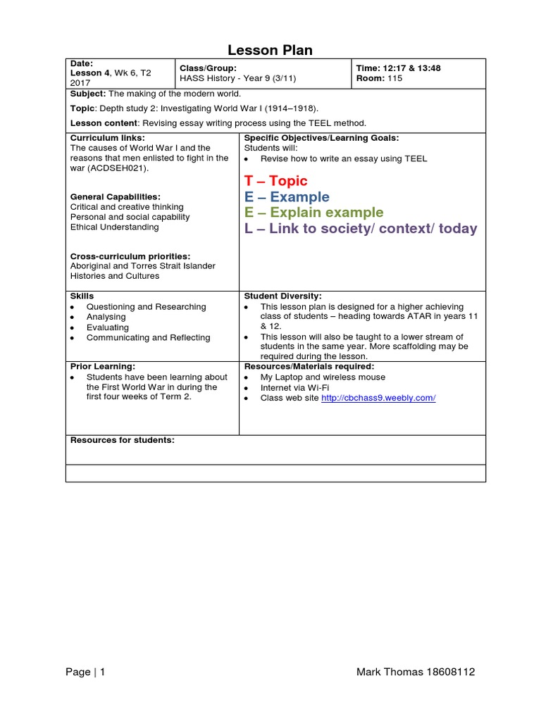 lesson plan 4 hass year 9 | Lesson Plan | Teaching