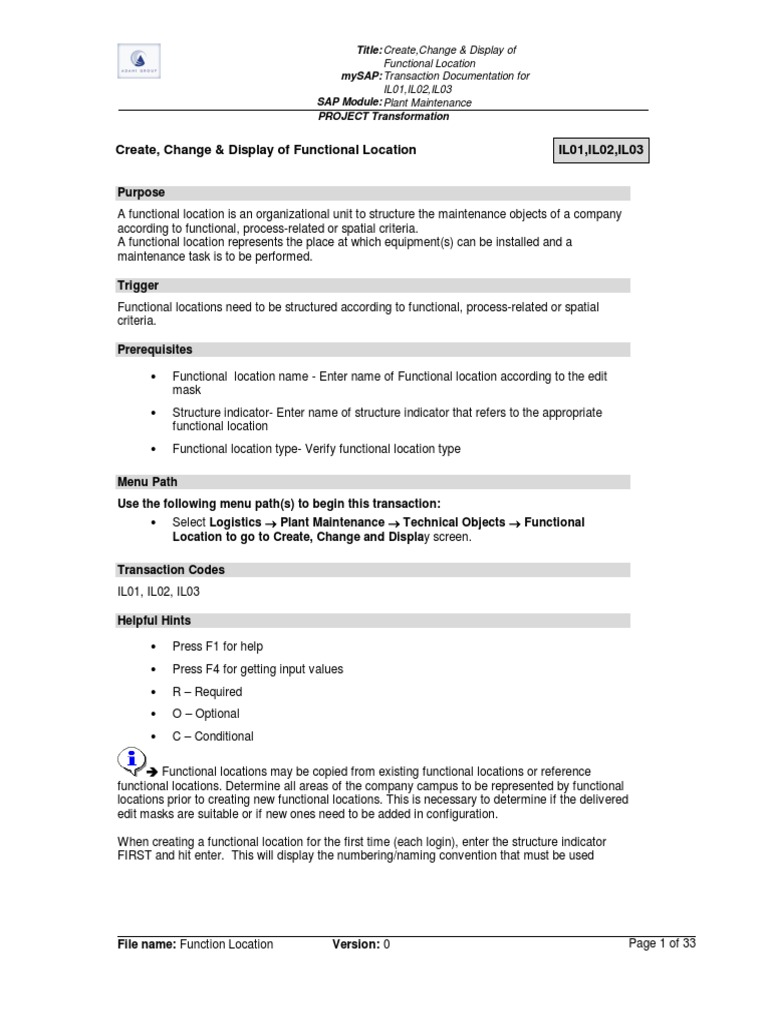 04 Function Location Create, Change, Display - IL01 IL02 IL03 ...