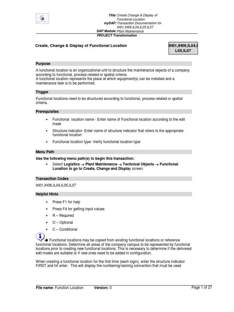 Create, Change & Display of Functional Location IH01, IH06, IL04, I L05 ...