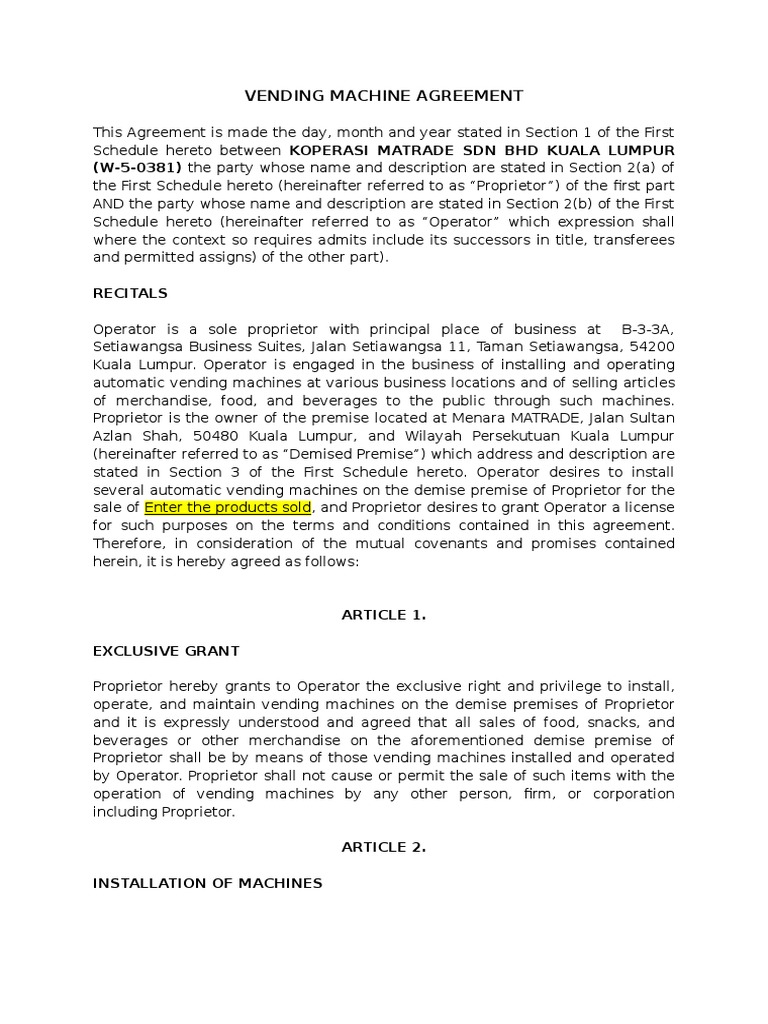 Vending Machine Agreement | Download Free PDF | Breach Of Contract ...