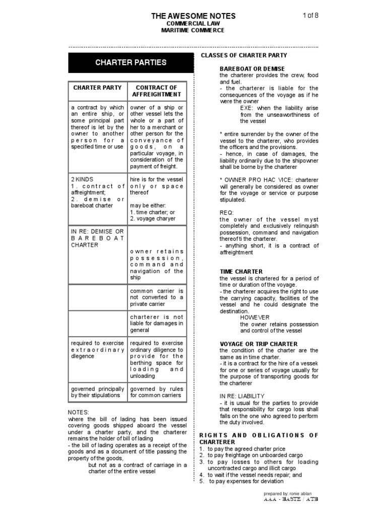 Charter Parties: The Awesome Notes | PDF | Bill Of Lading | Shipping