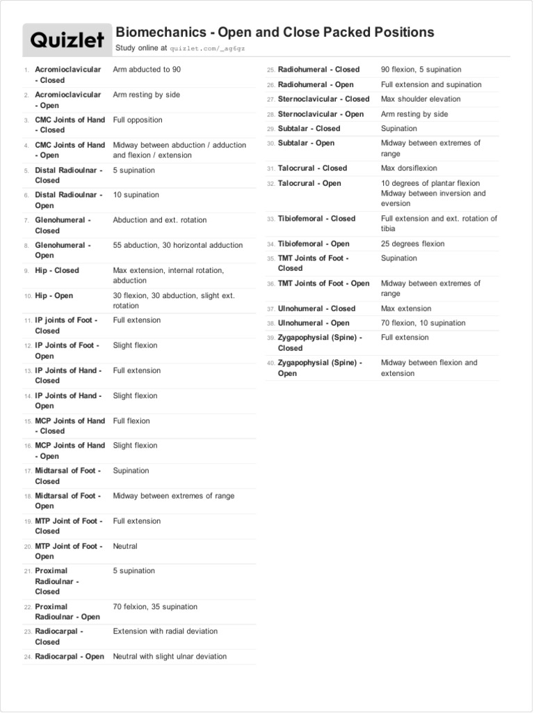 Open and Closed Packed Positions of Joints | PDF | Anatomical Terms Of ...