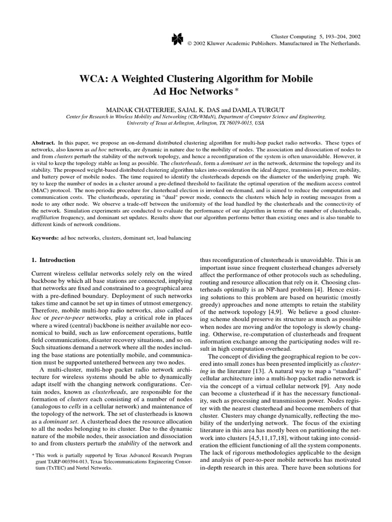 WCA: A Weighted Clustering Algorithm For Mobile Ad Hoc Networks | PDF | Wireless Ad Hoc Network ...
