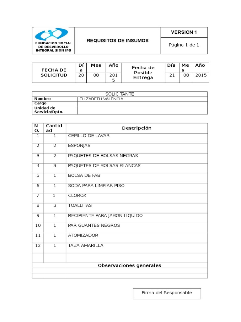 Formato de Requisicion de Insumos | PDF
