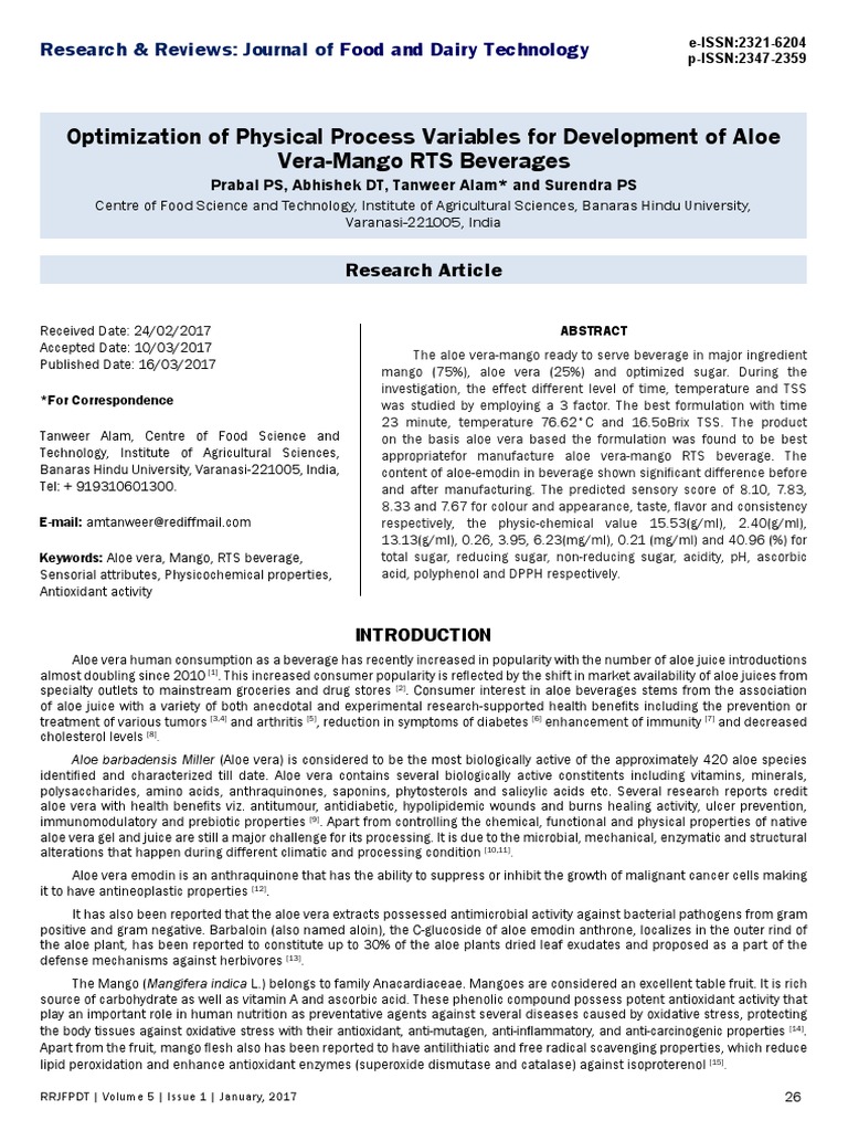 Optimization of Physical Process Variables For Development of Aloe ...