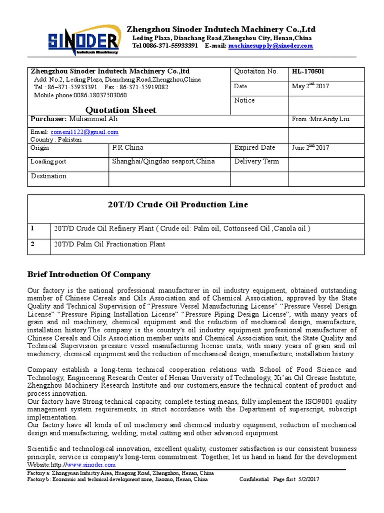 Quotation of 20T Crude Oil Refinery Plant and Palm Oil Fractionation ...