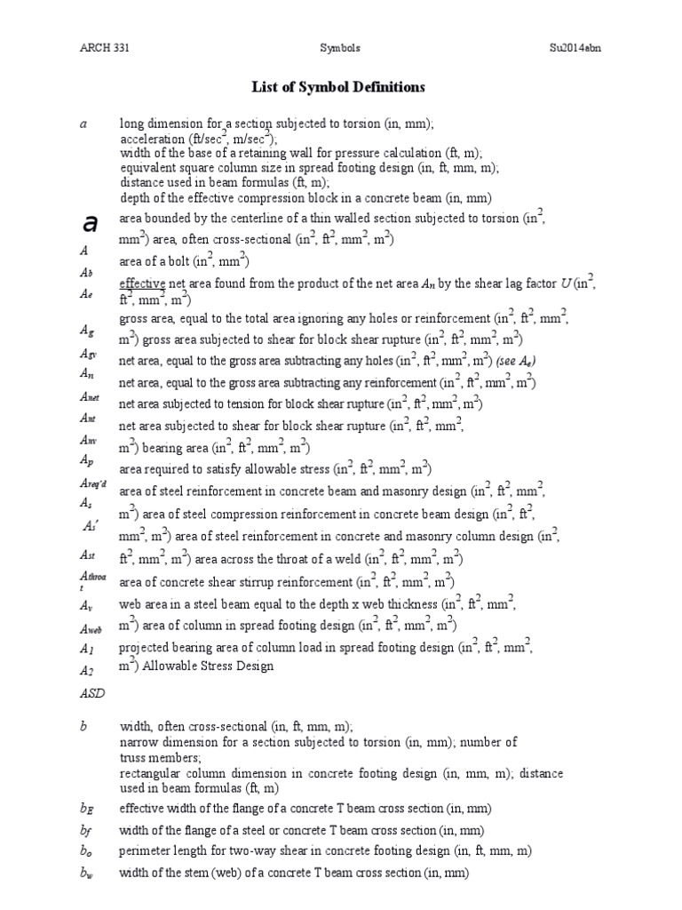 List of Symbol Definitions: ARCH 331 Symbols Su2014abn | PDF | Bending ...