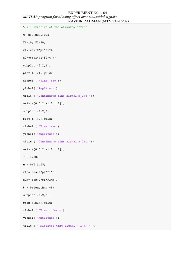 Matlab Program For Aliasing Effect Over Sinusoidal Signals Experiment N0 04 Raziur Rahman