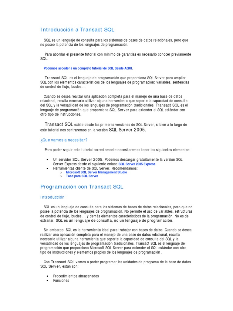 Transact SQL Server | Descargar gratis PDF | SQL | Lenguaje de programación