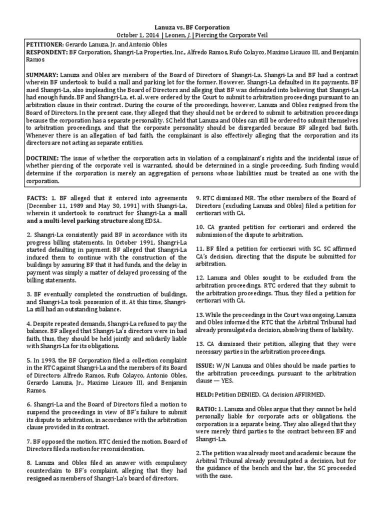 Lanuza vs. BF Corporation | PDF | Piercing The Corporate Veil | Arbitration