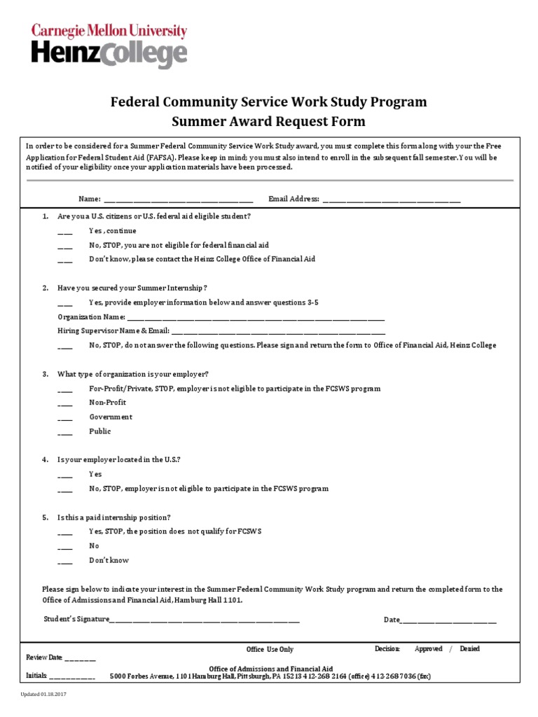 Federal Community Service Work Study Program Summer Award Request Form ...