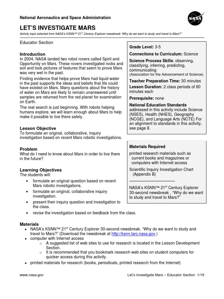 NASA 146858main Investigate Mars Educator | PDF | Rover (Space ...