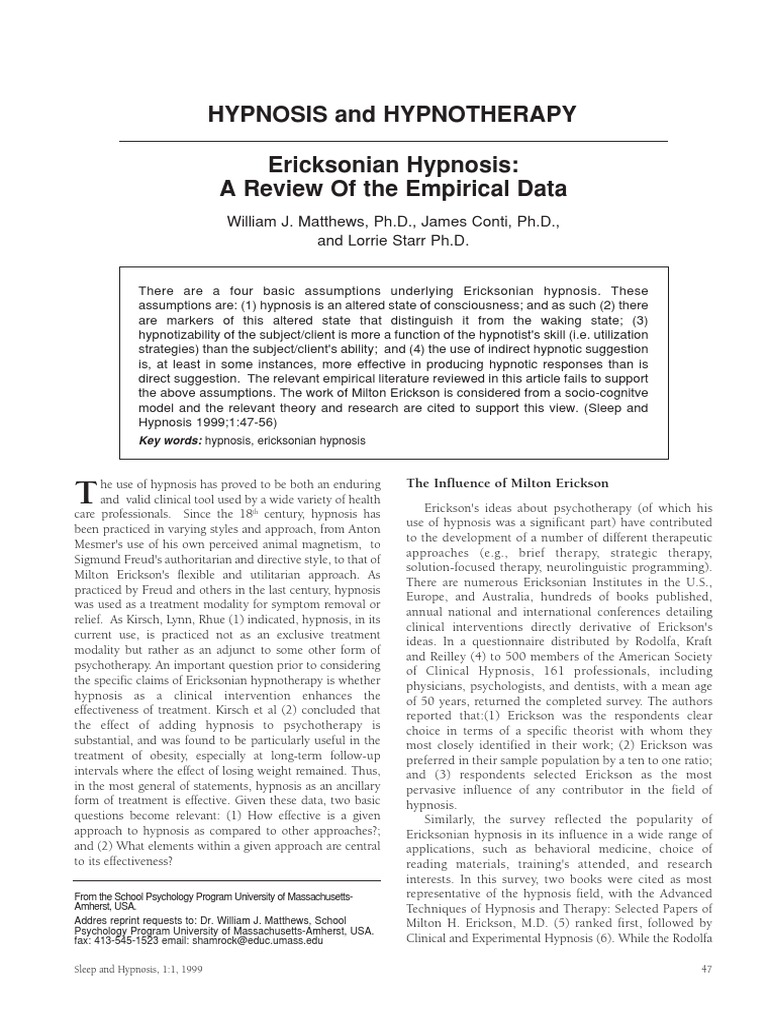 Ericksonian Hypnosis A Review of The Empirical Data | PDF | Hypnosis | Hypnotherapy