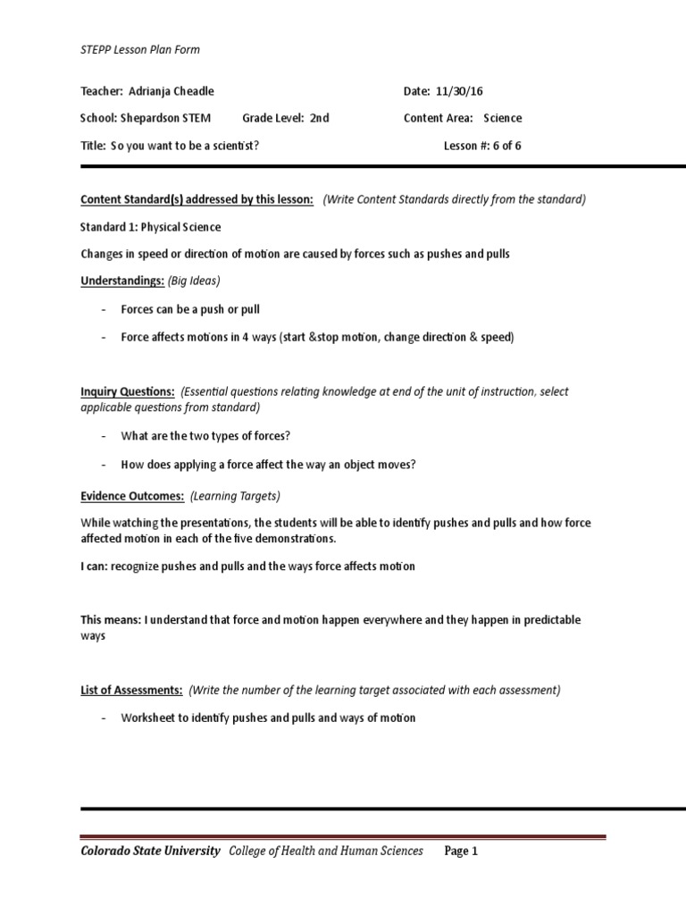STEPP Lesson Plan Form: Colorado State University College of Health and ...