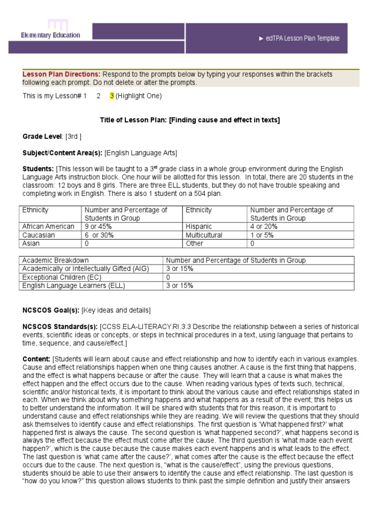 Elem Edtpa Lesson Plan 3 | PDF | Causality | Lesson Plan