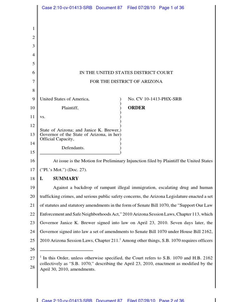 U.S. v. Arizona - Order On Motion For Preliminary Injunction | PDF | Arizona Sb 1070 | Federal ...