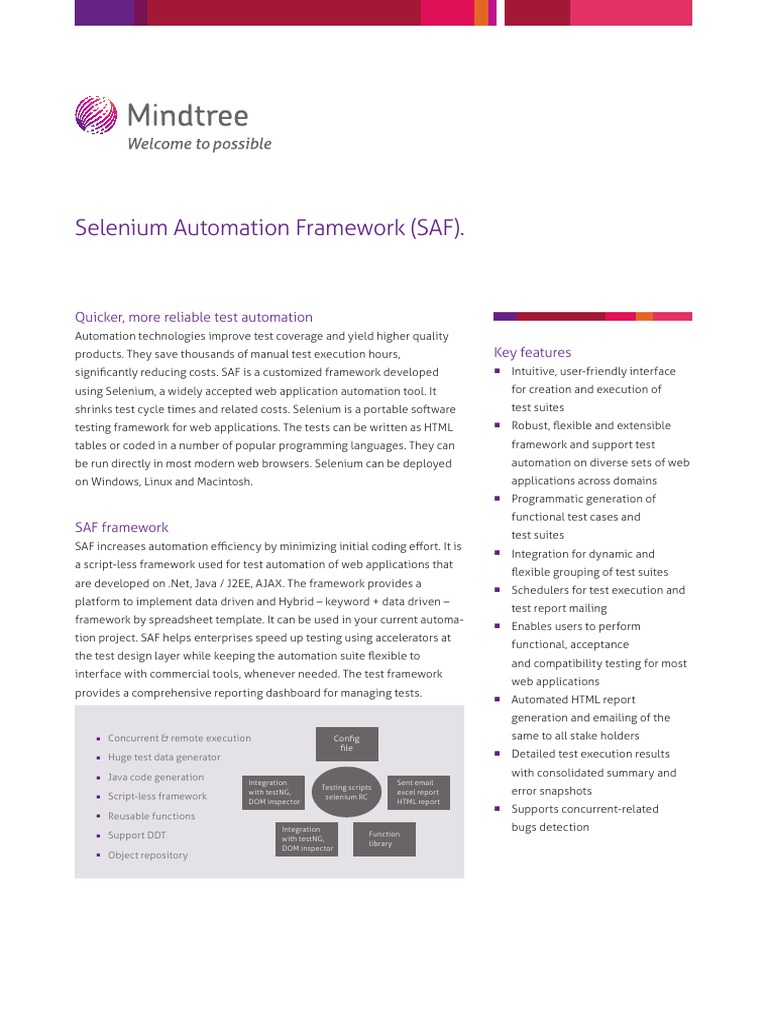 Mindtree Brochures Selenium Automation Framework Saf Pdf Pdf Selenium Software Web