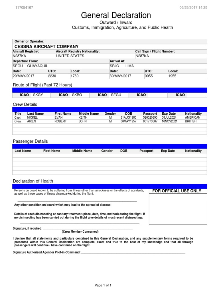 General Declaration: Cessna Aircraft Company | PDF | Accidents | Industries