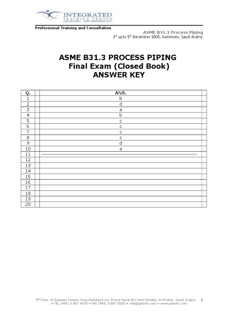 9 ASME B31.3 Final Exam Closed Answer Key | PDF