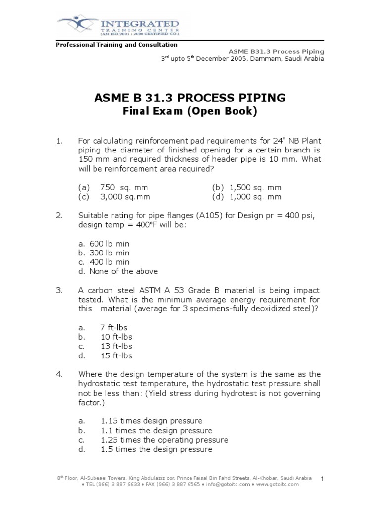 7 ASME B31.3 Final Exam Open Book | PDF | Pipe (Fluid Conveyance ...