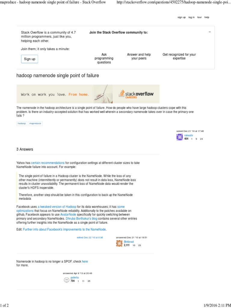 HDFS - Mapreduce - Hadoop Namenode Single Point of Failure - Stack Overflow | PDF | Apache ...