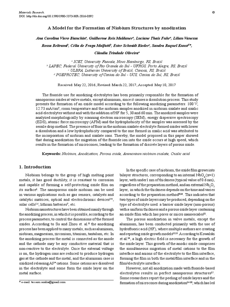 2017 - A Model For The Formation of Niobium Structures by Anodization ...