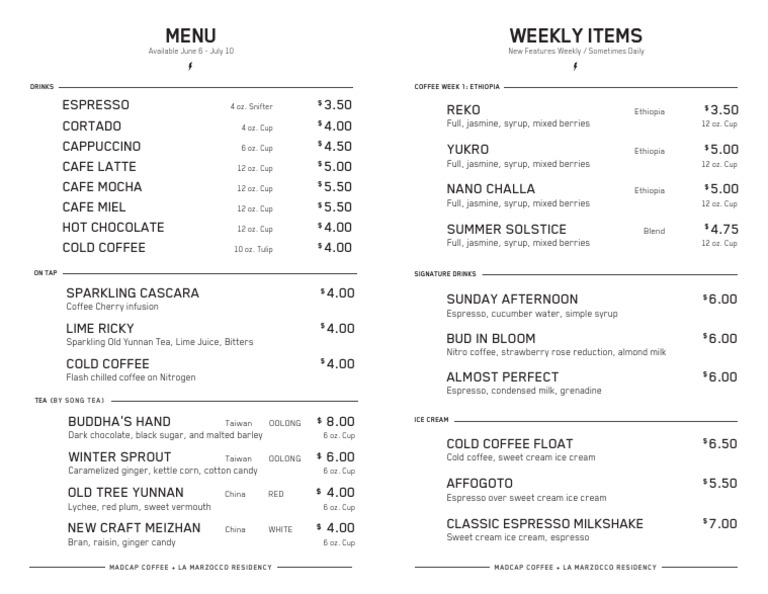 La Marzocco Menu for Madcap Coffee's Residency | Hot Drinks | Non ...
