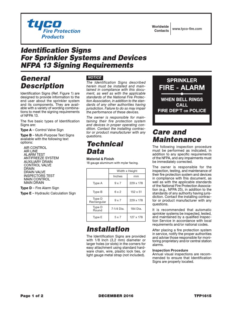 Identification Signs For Sprinkler Systems and Devices NFPA 13 Signing ...