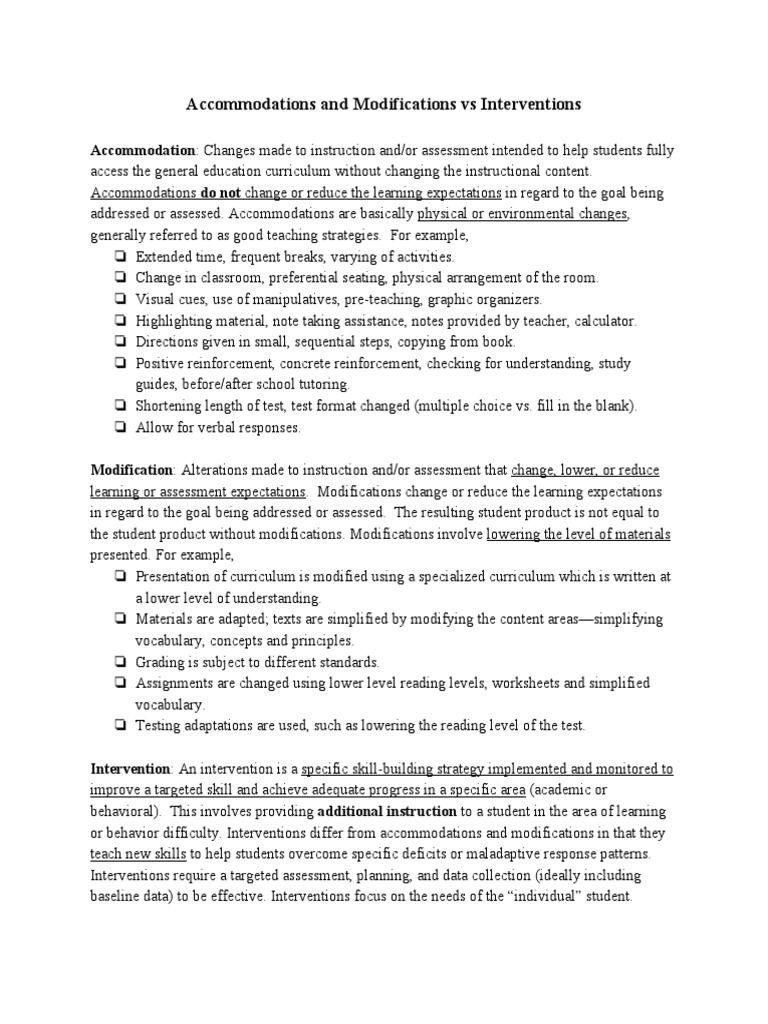 Accommodations and Modifications Vs Interventions: Accommodation | PDF ...