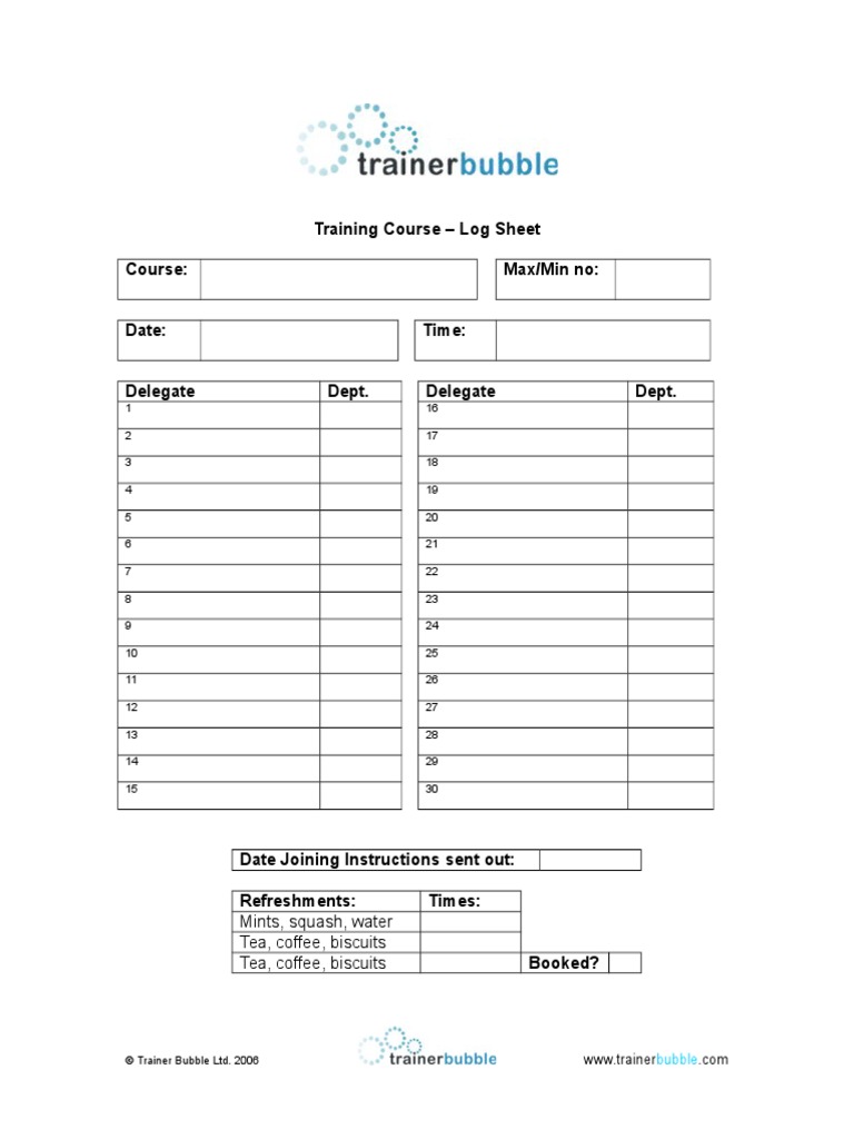 Training Course - Log Sheet Course: Max/Min No:: Mints, Squash, Water ...