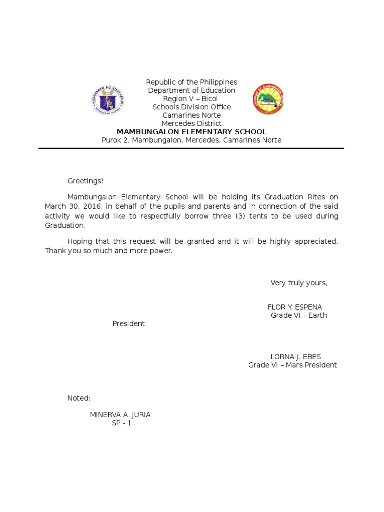 Mambungalon Elementary Graduation Tent Request | PDF