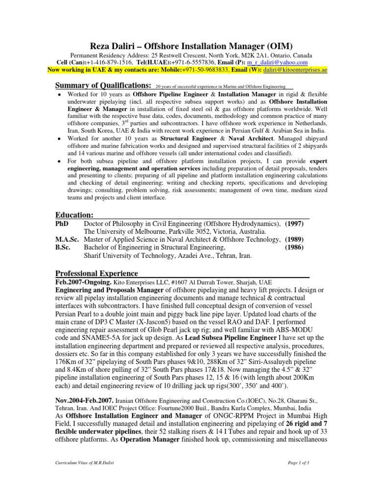 Reza Daliri - Offshore Installation Manager (OIM) : Summary of ...