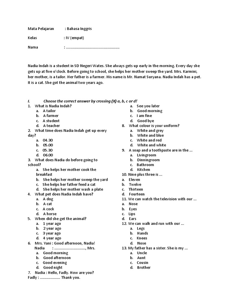 English Exam For Elementary School Studet | PDF