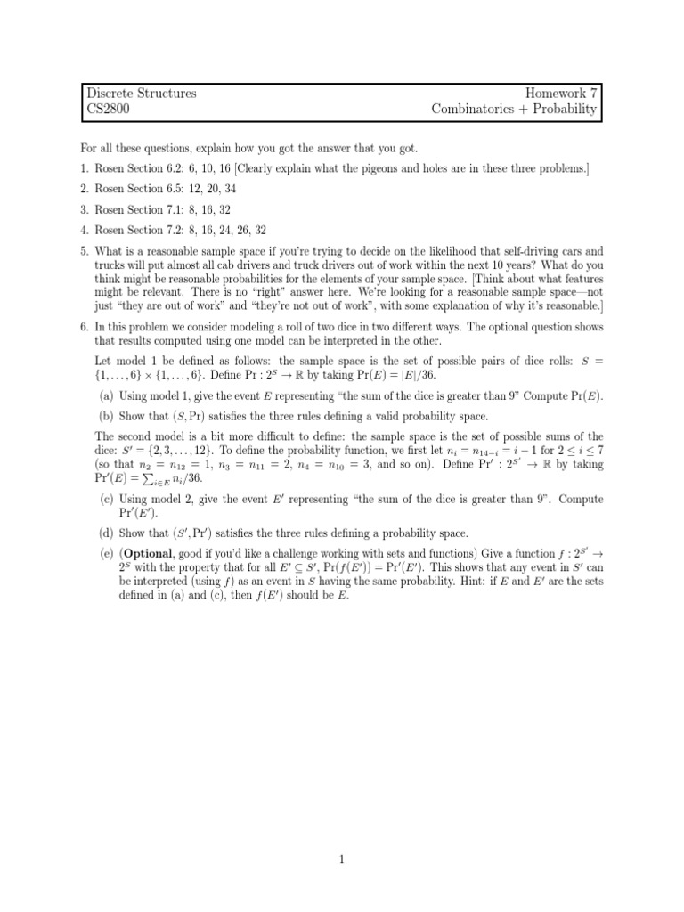 Discrete Structures Homework 7 CS2800 Combinatorics + Probability | PDF | Probability | Applied ...